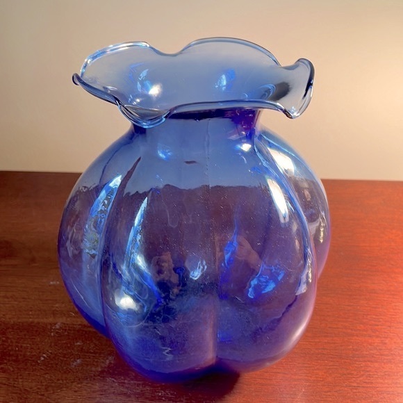 Unknown | Accents | Blue Six Sided Glass Vase With Ruffle Top Euc ...